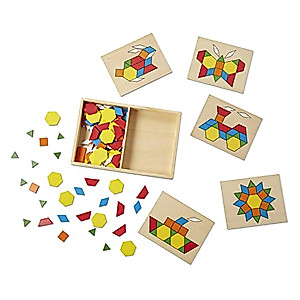 Melissa & Doug Pattern Blocks and Boards - Classic Toy With 120 Solid Wood Shapes and 5 Double-Sided Panels, Multi-colored - STEAM Toy, Wooden Pattern Blocks Animals, Tangrams Puzzle For Kids Ages 3+