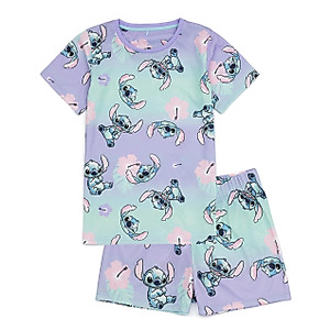 Disney Lilo And Stitch Girls 2 Pack Pyjama Set | Kids Short Sleeve T-Shirt Complete & Shorts PJs | Just Chill Alien Graphic Purple