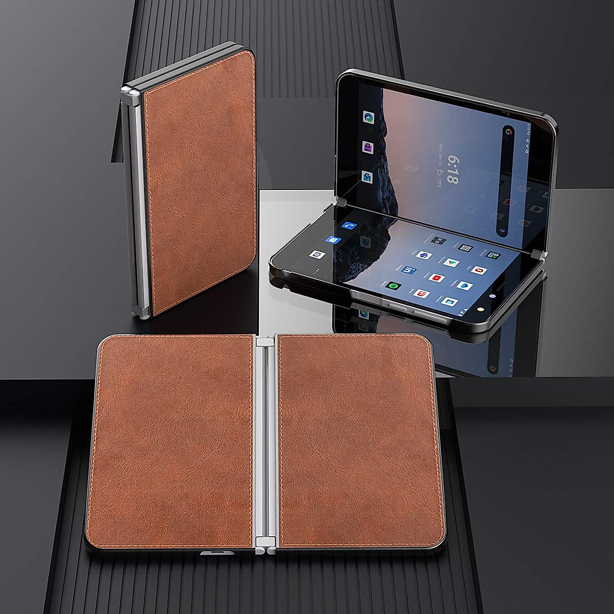 Feitenn Leather Slim Case for Microsoft Surface Duo Case 2020, Lightweight Folio Thin PU Leather Cover Durable Protective Bumper Shockproof Defender Shell for Microsoft Surface Duo 8.1" 2020 - Brown