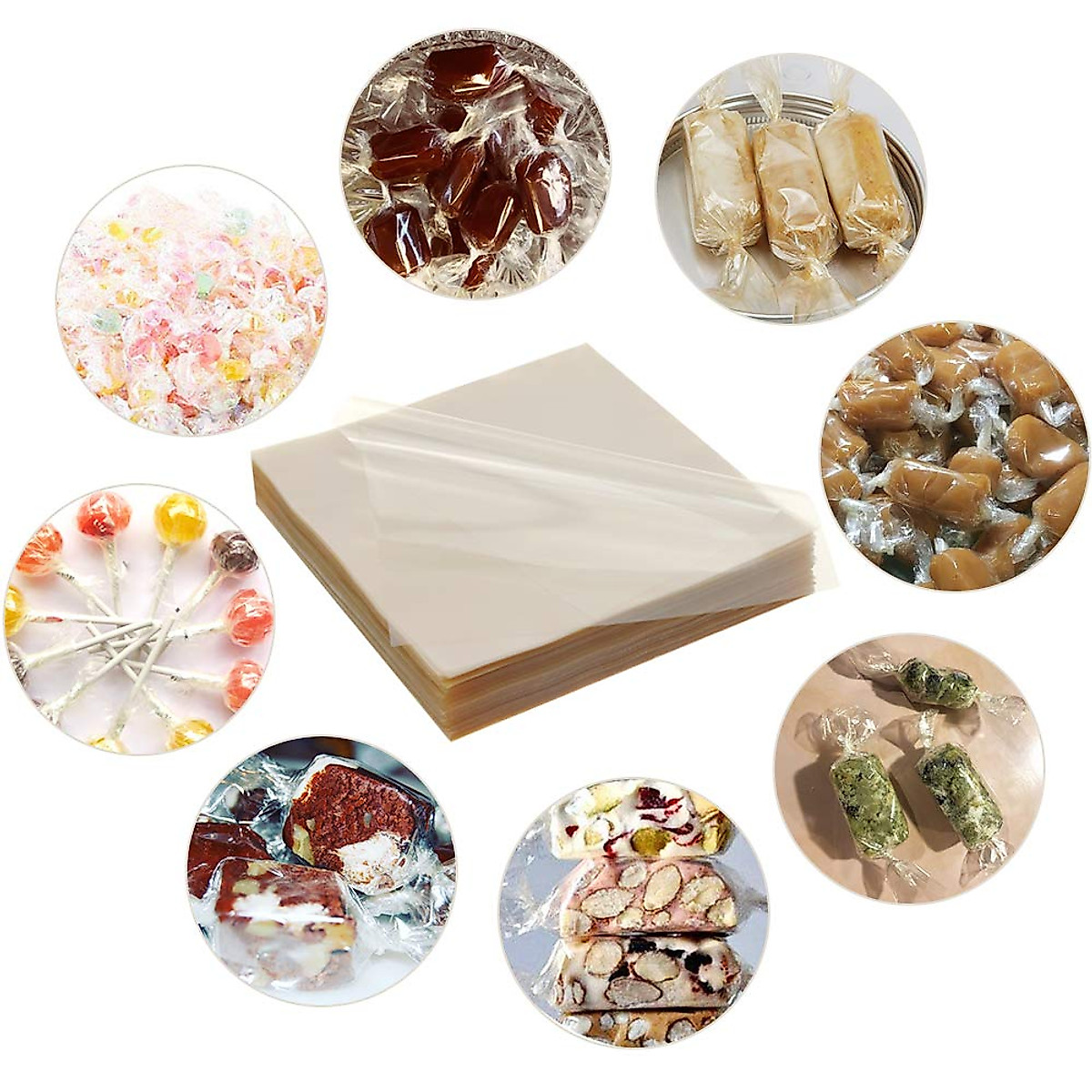 Juome 1000 Sheets Candy Wrappers Clear Cellophane Wrap Roll 5x5 Inches Candy Caramel and Chocolate Wrapper for Treats, Lollipop, Gummies, Saran Wrap& Cake Pop Making Supplies, etc