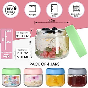 KITCHOP 4 Pack Overnight Oats Containers with Lids, Glass Jars with Lids, Mason Jars with Airtight Lids, Glass Storage Containers for Leftover, Breakfast and Lunch(9.1 oz)