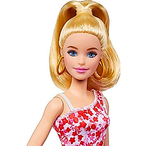 Barbie Fashionistas Doll #205 with Blond Ponytail, Wearing Pink and Red Floral Dress, Platform Sandals and Hoop Earrings