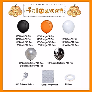 Bonropin 160Pcs Halloween Balloon Garland Arch kit with Black White Orange Silver Agate Balloons for Halloween Day Party Background Decorations