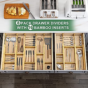 kiplant 8 Pack Bamboo Drawer Dividers with 8 Inserts, Kitchen Drawer Dividers from 16.5-22IN, Stackable Bamboo Drawer Organization for Kitchen & Dressers, 8 Dividers with 16 Inserts