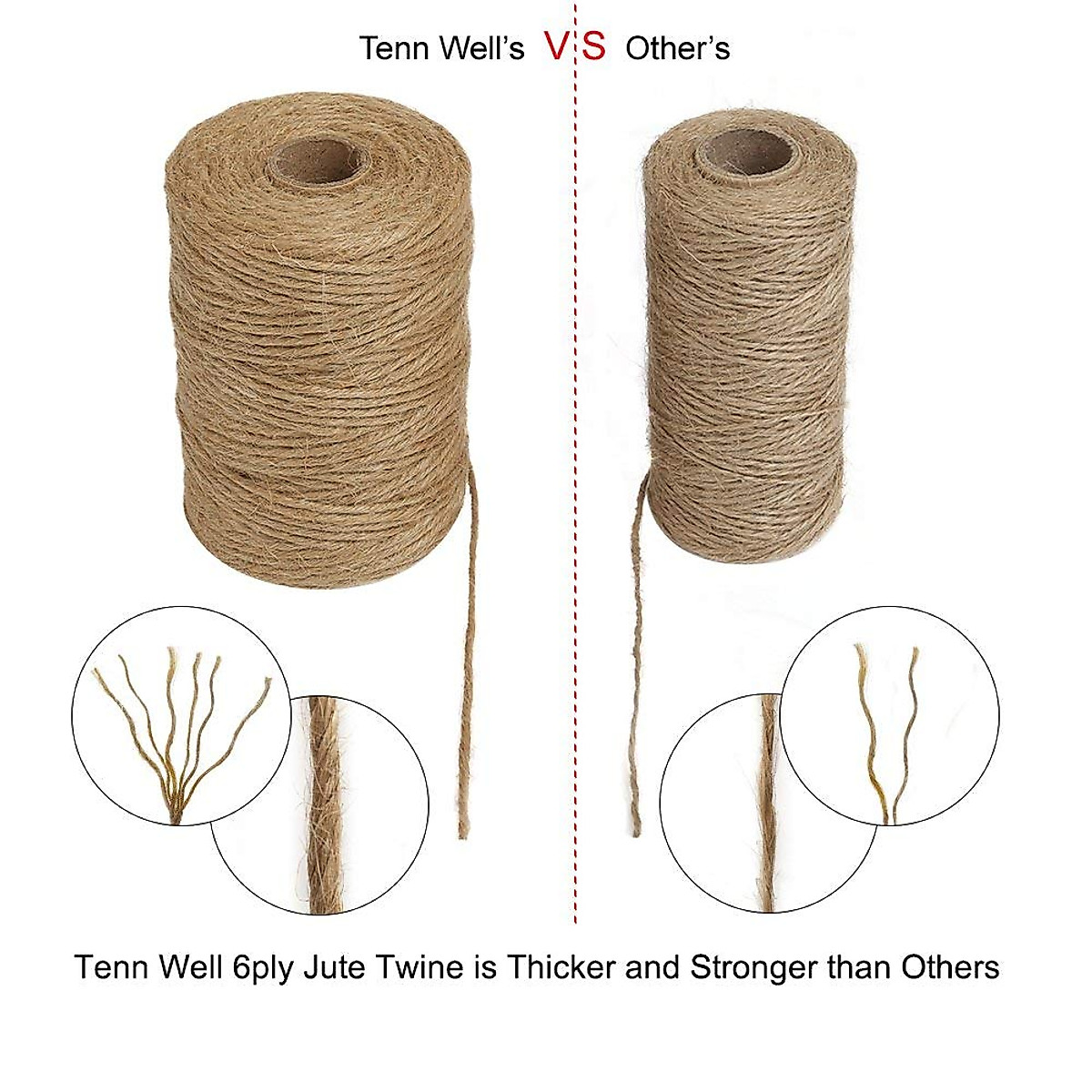 Tenn Well Jute Twine, 328Feet 2.32mm 6Ply Natural Garden Twine, Heavy Duty Twine String for Crafts, Gift Wrapping, Gardening, Packing, Christmas Decorations