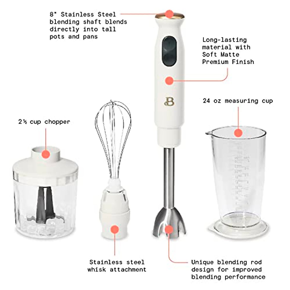 Beautiful Immersion Blender with 500ml Chopper and 700ml Measuring Cup, by Drew Barrymore (White Icing)