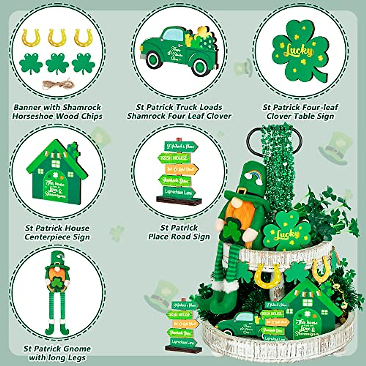 11 PCS St Patricks Day Decorations, St Patrick's Day Tiered Tray Ornaments, Shamrock Wood Table Signs Set, Irish Lucky Gnomes Doll Truck Clover Decor Centerpieces for Tabletop Fireplace Shelf Home