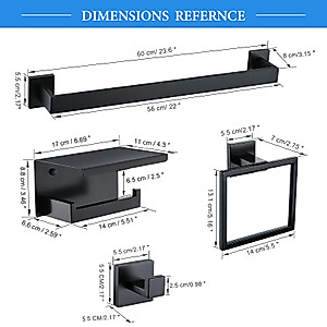 TNOMS 6-Piece Black Bathroom Hardware Set 23.6 Inch Towel Bar Set Double Towel Bar Towel Ring Coat Hook and Toilet Paper Holder with Shelf Wall Mounted Stainless Steel Bathroom Accessories Set