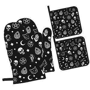 Skull Cat Moon Gothic Pattern Oven Mitts and Pot Holders 4 Pcs Sets Heat Resistant Gloves for Kitchen BBQ Cooking Baking Grilling