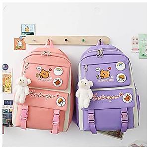 5pcs Cute Aesthetic Backpack Set for Girls Kawaii Large Canvas Shoulder Bag Preppy School Accessories (Purple)