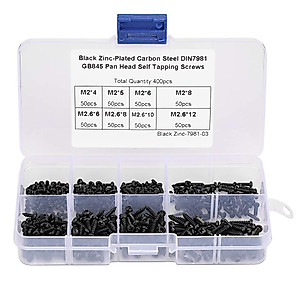 Self Tapping Screw, 400Pcs M2/M2.6 Cross Pan Head Self Tapping Screws Set Black Cross Tapping Screws Assortment Kit for Plastic,Wood,Soft Metal,etc