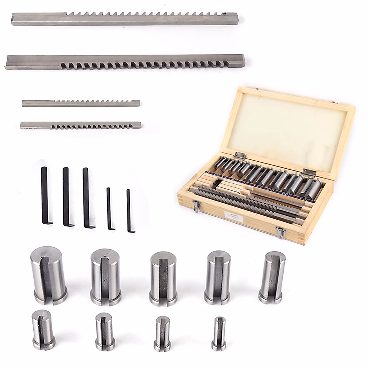 18Pcs Keyway Broach Kit Inch Size, HSS Keyway Broach Kit Ferrule Bushing Gasket Set Metal Process 4 Broaches 9 Collared Bushings 5 Shims with Wooden Box