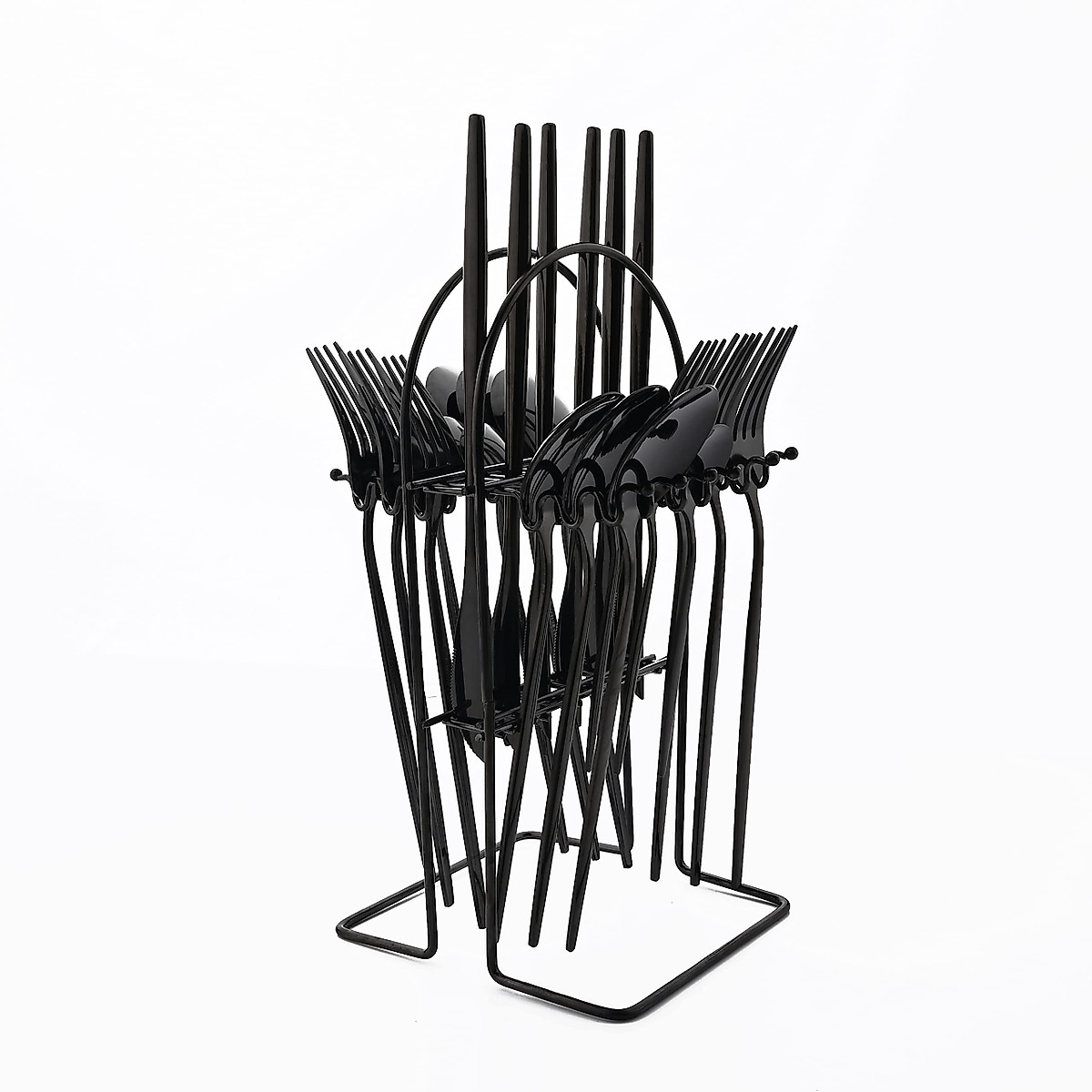 Uniturcky 24 Piece Hanging Flatware Set, Stainless Steel Family Kitchen Utensil Set with Rack, Cutlery set for 6 with Holder, Silverware Sets with Holder, Hanging flatware set, Mirror Polished(Black)