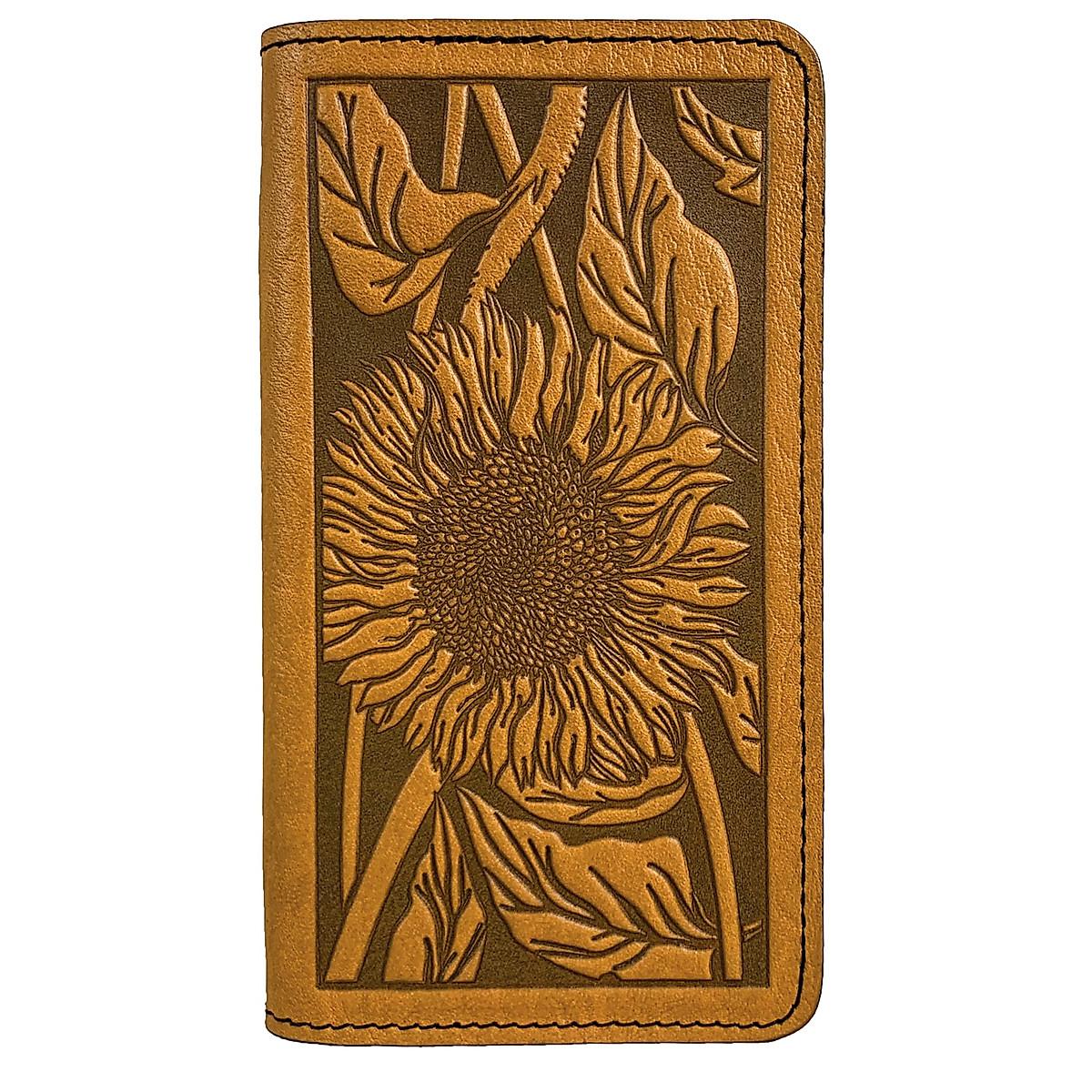 Oberon Design Sunflower Embossed Genuine Leather Checkbook Cover, 3.5x6.5 Inches, Marigold, Made in the USA