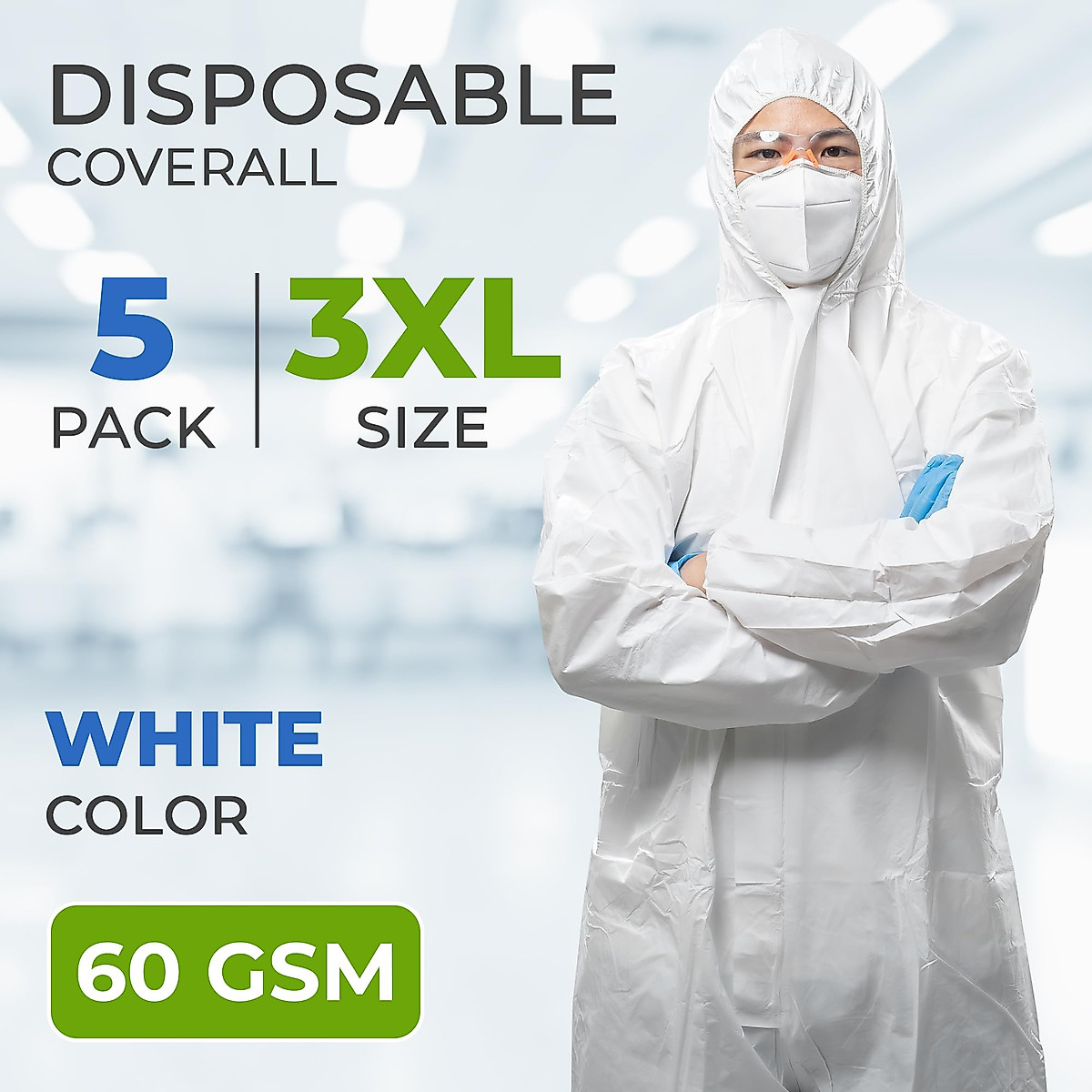 AMZ Disposable Coveralls with Hood, 3X-Large. Pack of 5 White Microporous Lab Coveralls Disposable. 60 GSM Painters Suit Disposable with Storm Flap Zipper Cover. Painters Suit Disposable. Hazmat Suit