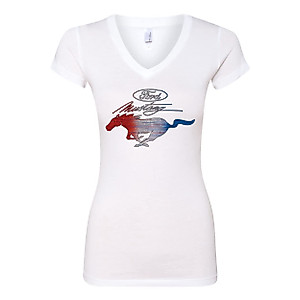 Ford Mustang Shirt USA Flag Mustang Emblem Cars and Trucks Womens Junior Fit V-Neck Tee, White, XX-Large