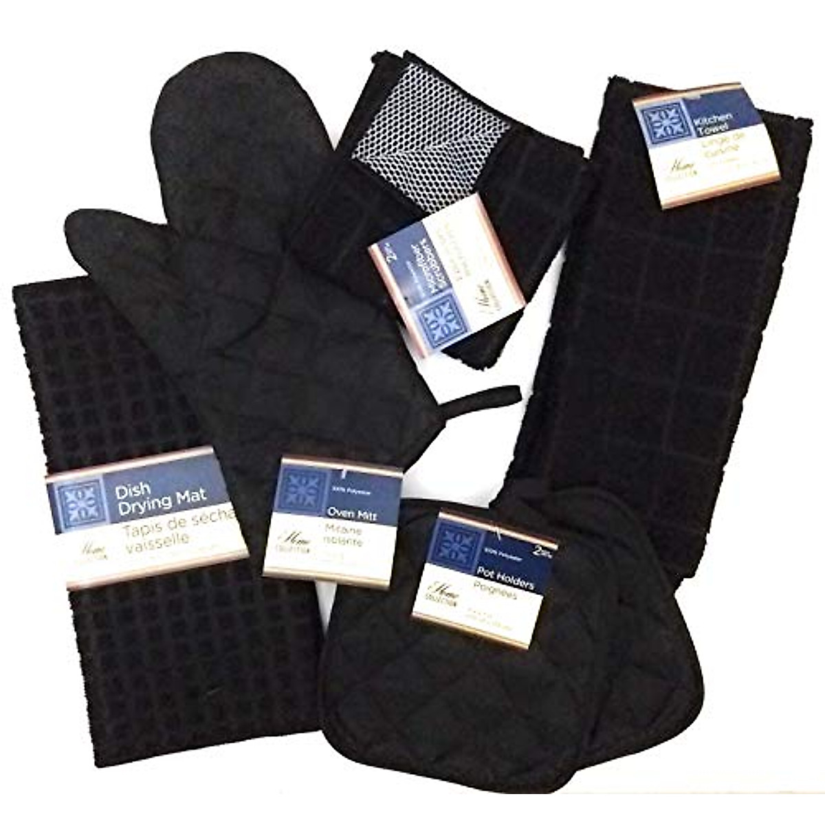Kitchen Towel Set with 2 Quilted Pot Holders, Oven Mitt, Dish Towel, Dish Drying Mat, 2 Microfiber Scrubbing Dishcloths (Black)