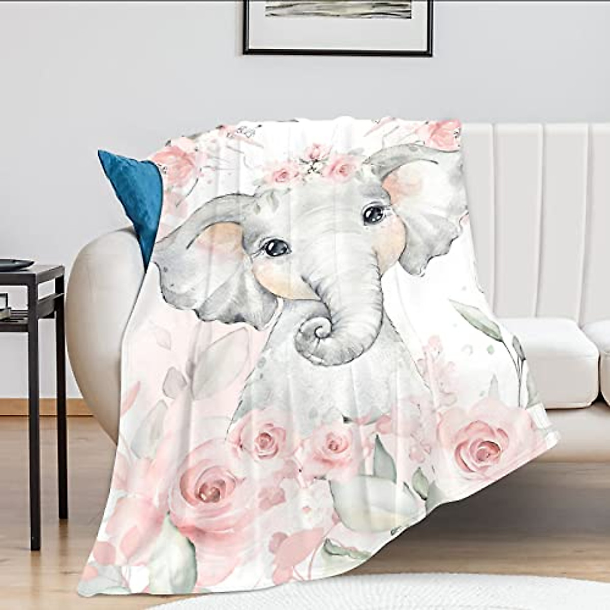 Baby Elephant Blanket Nursery Blankets Floral Elephant Decor Pink Throw Blanket Gifts for Girls Super Warm Soft Plush Lightweight Fleece Flannel Blanket Couch Bedding Blanket for Kids Women 50"x60"