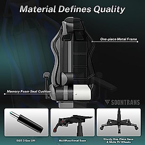 Soontrans Grey Gaming Chair with Footrest,Racing Ergonomic Massage Gaming Chairs for Adults Work in Office,Height Adjustable Gamer Chair,360° Swivel PC Computer Chair,Reclining Silla Gamer