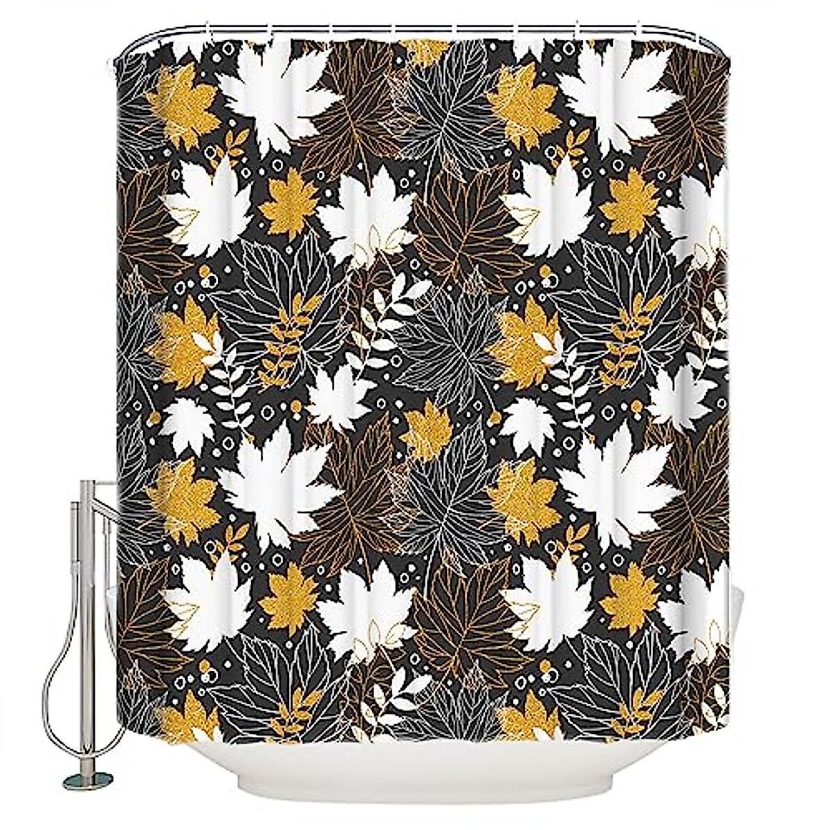 Double Love Autumn Maple Leaves Bathroom Curtain 72 Inch Shower Curtain with Hooks, Waterproof Polyester Bath Curtain Washable Bathtub Curtain Yellow White Gold Leaf Black Backdrop 48''x 72''