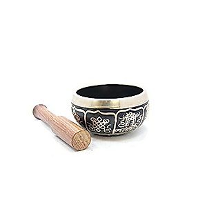 4" Exquisite Tibetan Singing Bowl Set for Meditation ~ Auspicious Eight Lucky Symbols, Buddha Eye & Dorje Painted ~ Silk Cushion & Wooden Mallet Included ~Handmade in Nepal by Thamelmart