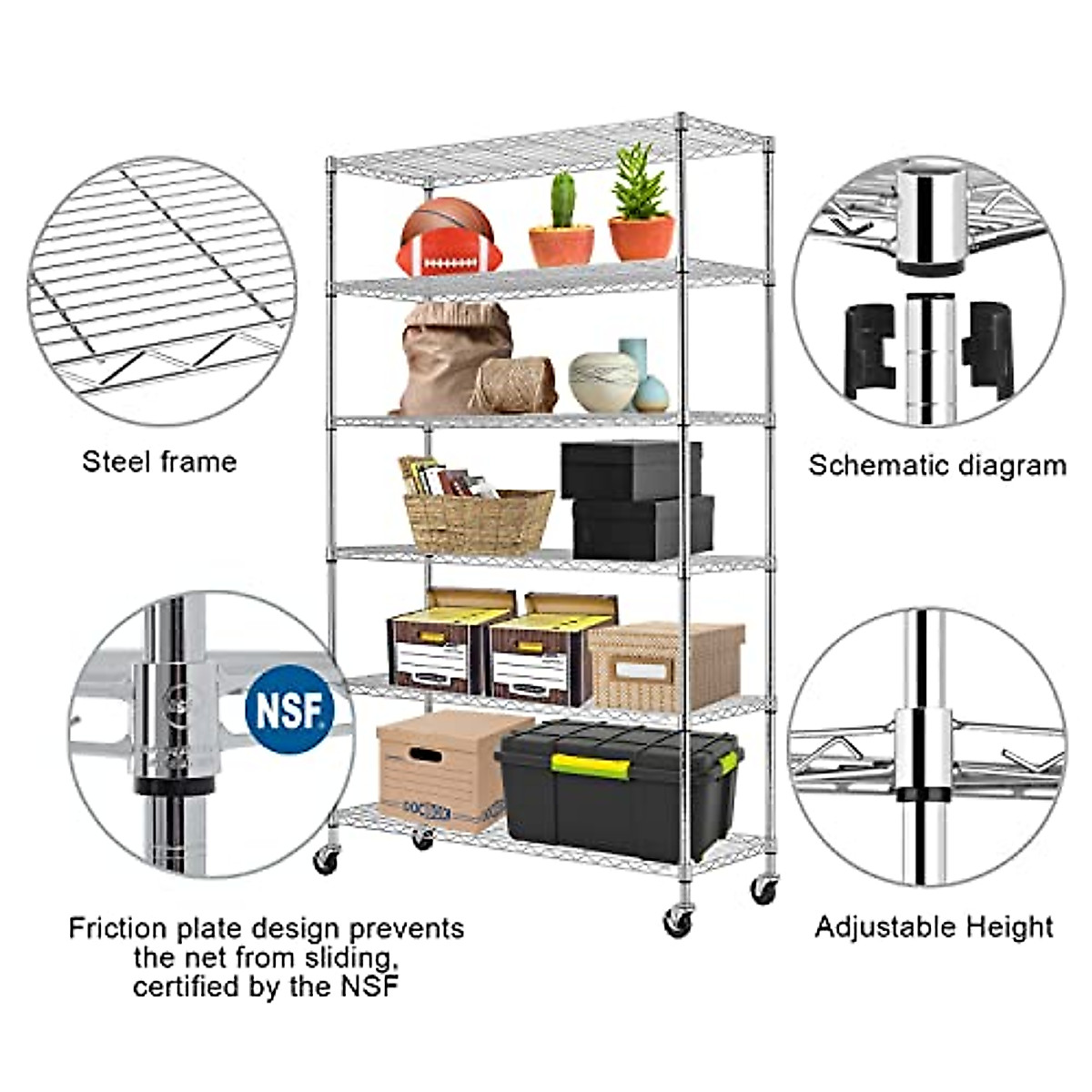 6-Tier Storage Shelf, Wire Shelving Unit NSF Certified Storage Rack 48" W x 18" D x 82" H 2100Lbs Capacity Adjustable Layer Heavy Duty Metal Rack Steel with Casters for Kitchen Garage Pantry Chrome