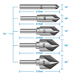 Countersink Drill Bit Set, 5 Pieces 1/4” 3/8” 1/2” 5/8” 3/4” High Speed Steel 1/4” (6mm) Round Shank, 82 Degrees Counter Angle, 5 Flute Mill Cutter Bit Countersink Set, Silver
