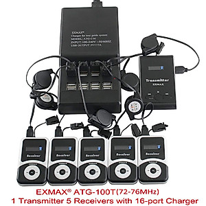 EXMAX® EX-100 Wireless Tour Guide System Microphone Earphone Audio Transmission for Church Translation Interpreting Silent Lecture Meeting City Tour (1 Transmitter 5 Receivers 16-ports Charging Base)