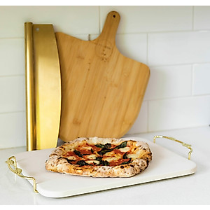 Hearth & Leaf Cordierite Pizza Stone for Oven and Grill. Including Bamboo Pizza Peel, Pizza Cutter & Gold Detachable Serving Handles - Kitchen Accessories - Baking Supplies -15 inch Large Stone