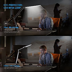 TROPICALTREE LED Desk Lamp, Swing arm Desk Light with clamp, 3 Lighting 10 Brightness Eye-Caring Modes, Reading Desk Lamps for Home Office 360 Degree Spin with USB Adapter & Memory Function black-14W