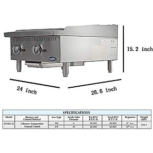 ATOSA US ATMG-24 Commercial Griddle Heavy Duty Manual Flat Top Restaurant Griddle Stainless Steel Portable Grill Liquid Propane 24" Countertop - 60,000 BTU