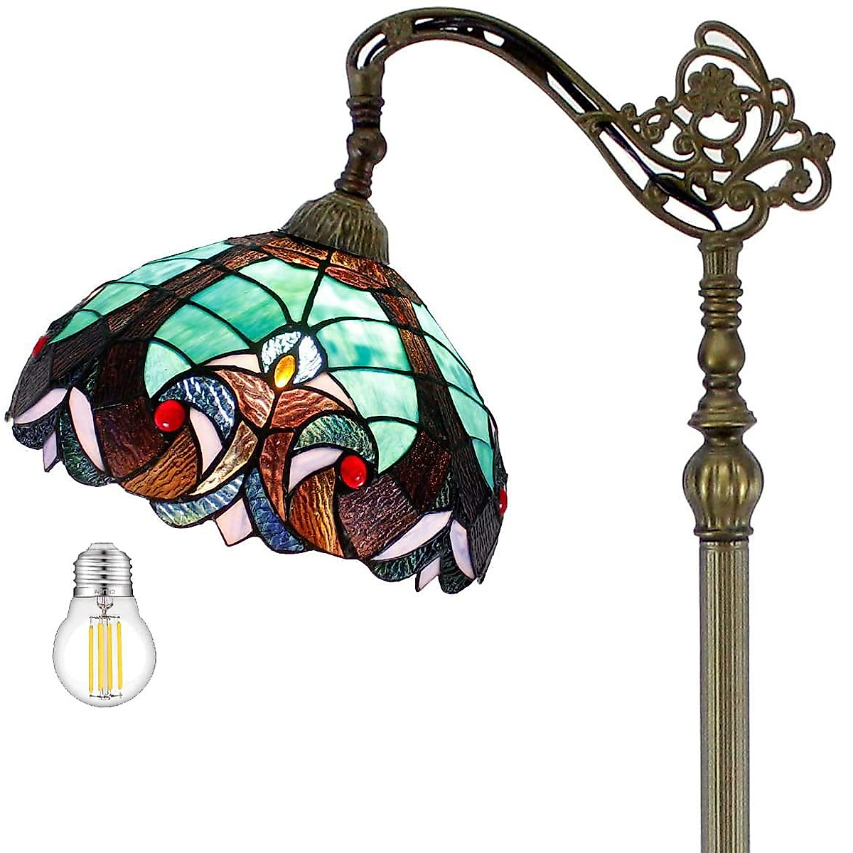 WERFACTORY Tiffany Floor Lamp Green Liaison Stained Glass Arched Lamp 12X18X64 Inches Gooseneck Adjustable Corner Standing Reading Light Decor Bedroom Living Room S160G Series