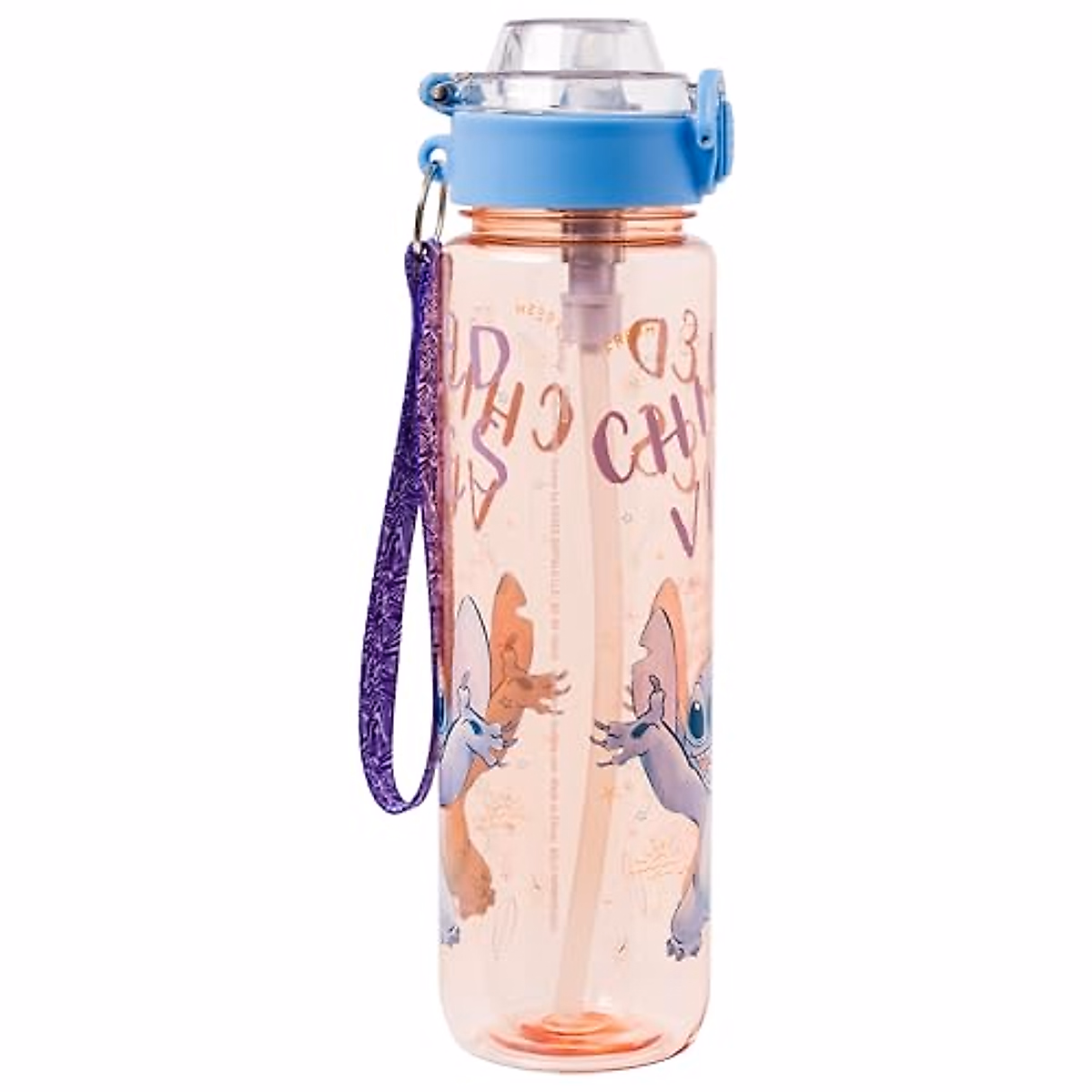 Silver Buffalo Disney Lilo and Stitch Chilled Vibes Plastic Water Bottle with Locking Lid, Strap, and Straw, 33 Ounces