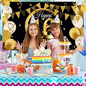 Blulu Birthday Party Decoration Extra Large Fabric Black Gold Sign Poster for Anniversary Photo Booth Backdrop Background Banner, Birthday Party Supplies, 72.8 x 43.3 Inch (16th)
