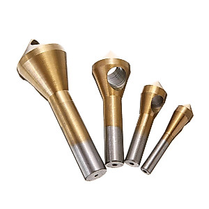 4 Pieces Chamfer Countersink Deburring Drill Bits Set Titanium Coated 6/8/10/12mm Round Shank Single End Countersinks Hole for Metal and Plastic