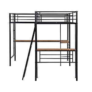 Quarte Simple Metal L-Shaped Loft Bed with Two Built-in Desks,Guardrails and Ladders,for Family Kids Teens,No Box Spring Needed