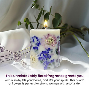 Vionami Gifts for Women Scented Pillar Candle - Long Burning Natural Soy Wax Scented Candle for Home - Gift-Boxed Hand Poured Luxury Candle with Dried Flowers & Tropical Rare Flower Scent (Forget Me)