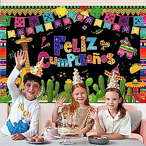 Feliz Cumpleaños Backdrop Mexican Fiesta Happy Birthday Party Decorations Supplies Cactus Balloons Mexico Cinco De Mayo Carnival Bday Cake Table Banner Photography Background Photo Props