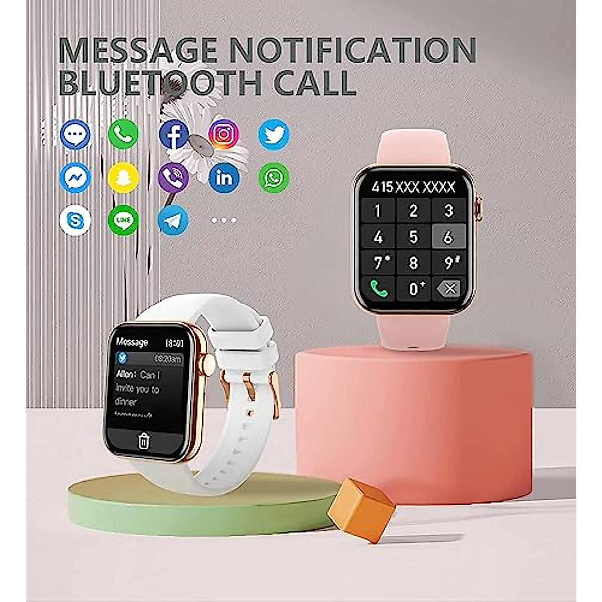 Betatree Smart Watch for iPhone Android, Smart Watches for Women(Call Receive/Dial), 1.85" Waterproof Fitness Tracker with AI Voice Control Heart Rate Sleep Monitor SpO2 Pedometer 20 Sport Modes, Pink