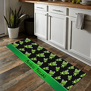 Green Frog on Black Personalized Kitchen Mat Rug,Custom Floor Door Mat Anti-Slip Rugs for Kitchen,Bathroom,Laundry,48x17Inch
