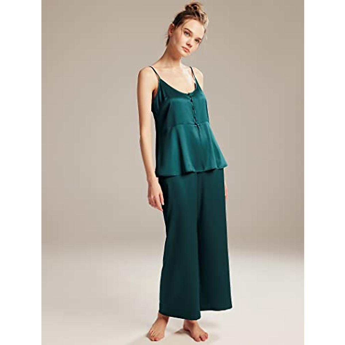 AW BRIDAL Pajama Sets for Women Satin Ruffle Camisole Top with Long Pants Silk Bride Pajamas for Wedding Engagement Party, Hunter Green M