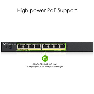 ZYXEL 8-Port PoE Switch Gigabit Ethernet Smart (GS1900-8HP REV 03F) - Managed, with 8x PoE+ @ 70W, Desktop or Wall mount. Limited Lifetime Protection