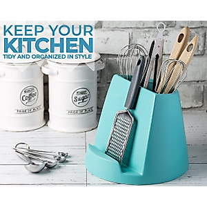 Ceramic Utensil Holder & Tablet Stand - Modern White Crock w/Tablet Holder - Utensil Caddy for Contemporary Cooking Enthuziasts - iPad or Recipe Book Holder - Decorative Cookbook Stand - 7.11" x 8.5"