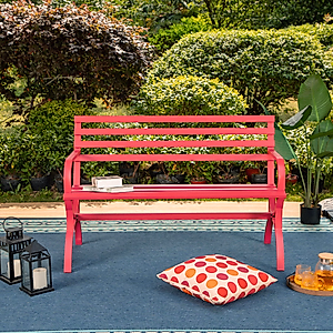 PHI VILLA Outdoor Garden Bench, 48” Long Metal Steel Bench with Backrest and Armrests, Modern Slatted Design for Patio, Lawn, Balcony, Yard, Porch and Indoor - Red