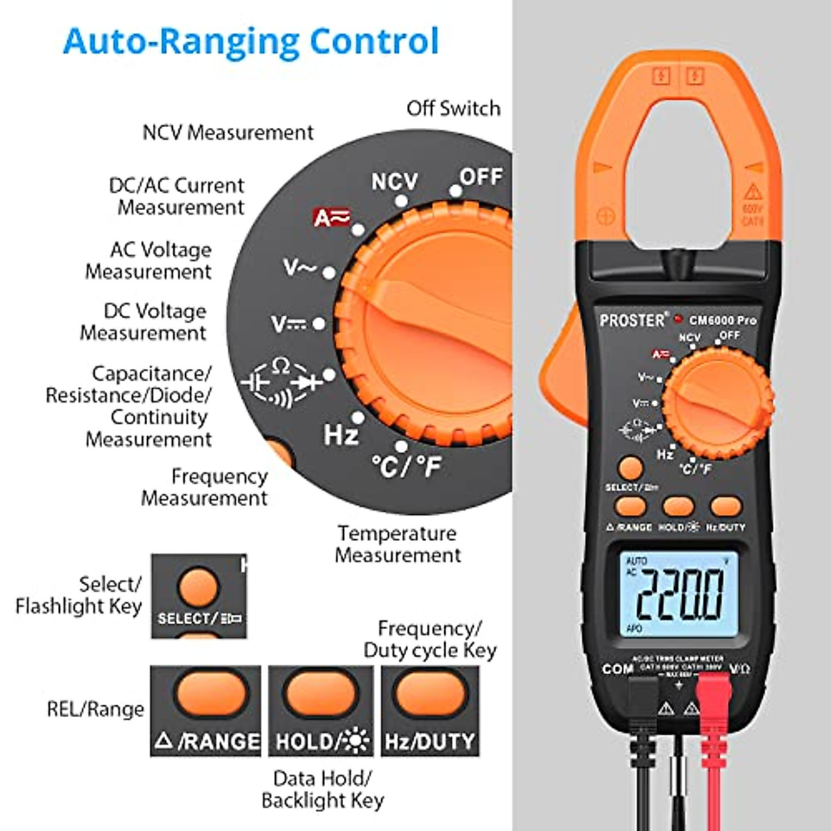 Proster Digital Clamp Meter TRMS 6000counts, 800A DC AC Current AC/DC Voltage NCV Continuity Capacitance Resistance Frequency Diode Hz Test, with1 PairTest Leads 1 Pair Alligator Clips