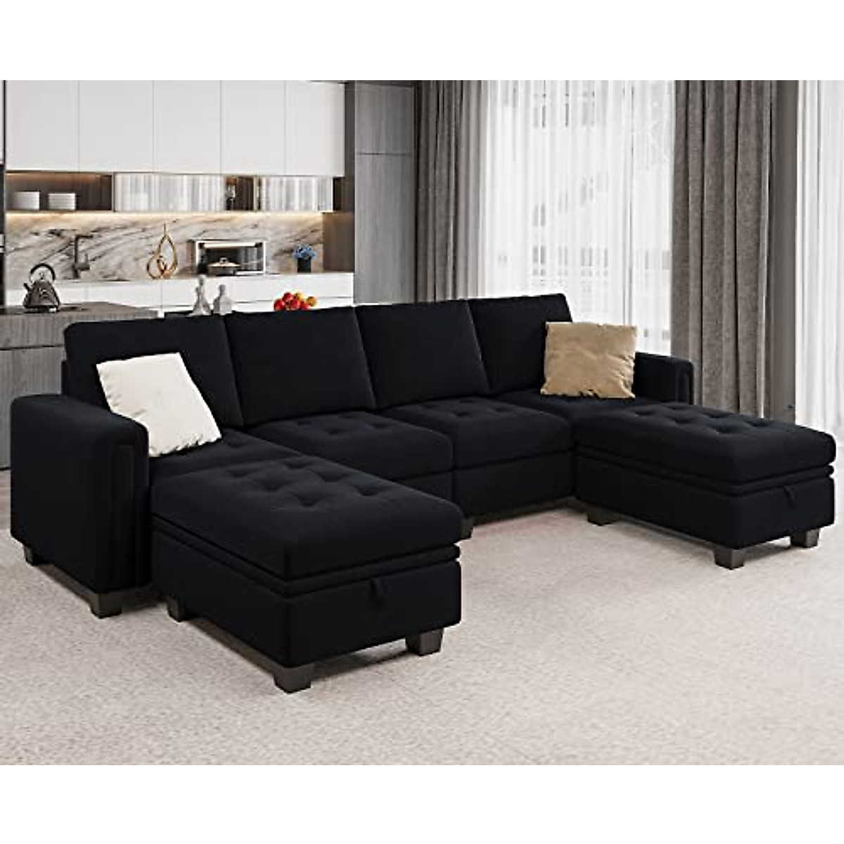 Belffin Velvet U Shaped Sectional Sofa Couch with Storage Ottoman Convertibel Sectional Sofa with Reversible Chaises Black