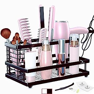 Premium Hair Tool Organizer Wall Mount, Hair Basket, 5 Compartments, Stainless Steel. Large Bathroom Sink Organizer Countertop. Hair Dryer Storage Organizer Under Sink. Hair Utensil Holder. Black