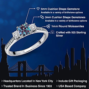 Gem Stone King 925 Sterling Silver Customized and Personalized 5MM and 3MM Cushion Cut Gemstone Birthstone and White Moissanite 3 Stone Name Engraved Engagement Ring For Women (Size 6)
