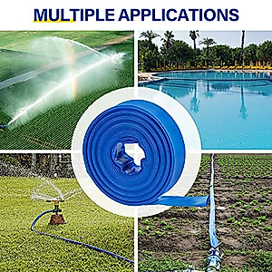 Acquaer 1-1/2" x 50 FT Pool Backwash Hose, Heavy Duty Reinforced PVC Lay Flat Discharge Hose, Weather and Burst Resistant, with 2 Hose Clamps and a Connector for Inground Swimming Pool Pump Draining
