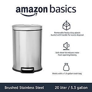 Amazon Basics 5 Liter / 1.3 Gallon Round Soft-Close Trash Can with Foot Pedal - Stainless Steel